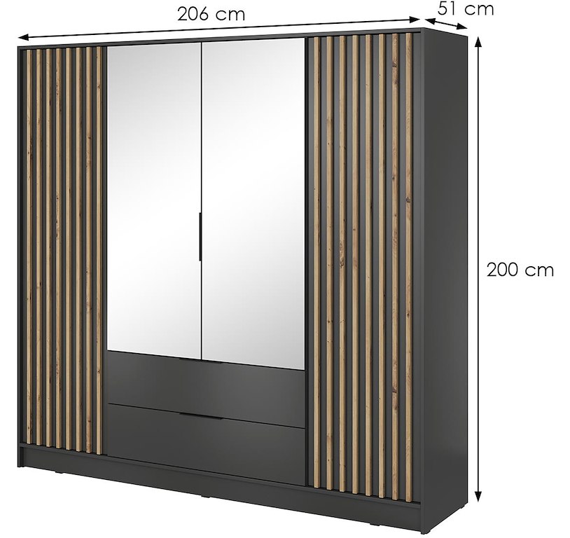 Nelly ormar 4 vrata/ogledalo+2 fioke 206x51x200 tamno sivi/natur (artisan hrast)