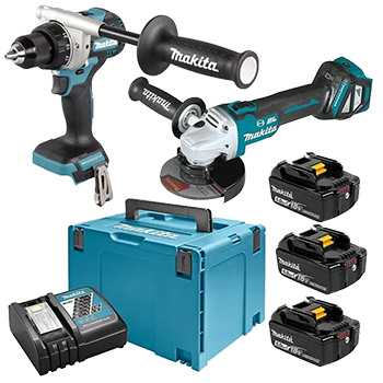 Makita LXT set - akumulatorska bušilica-odvijač DDF486Z + akumulatorska ugaona brusilica DGA513Z + punjač + 3 baterije + Makpac DLX2431TJ