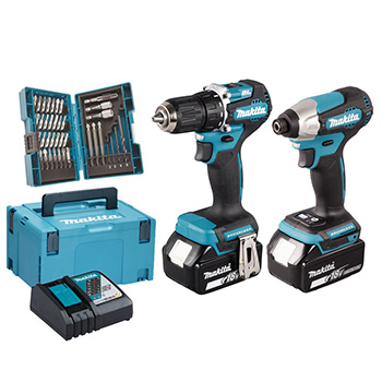 Makita LXT set - akumulatorska bušilica-odvijač DDF487Z + akumulatorski udarni odvijač DTD157Z + punjač + 2 baterije + komplet pribora 38-delni + Makpac DLX2423JX4