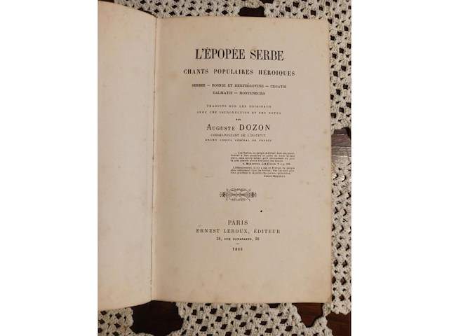 L` EPOPEE SERBE,  Auguste Dozon, Paris 1888