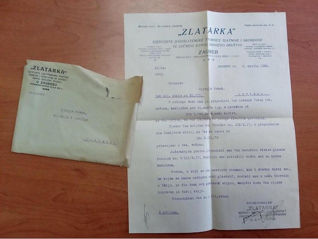 Koverat koverta sa dopisom Zlatarka Zagreb, 1925.