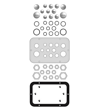 Ploča uvoda za kabl. tip A, sa 13 uvoda
uvodnice za kablove 4xM16, 5xM20, 2xM25, 2xM32 sa slepim uvodnicama, izrez za uvodnu ploču V=200 D=115mm
