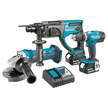 Makita LXT set - akumulatorska udarna bušilica-odvijač DHP453Z + akumulatorska bušilica-čekić DHR202Z + akumulatorska ugaona brusilica DGA452Z + punjač + 2 baterije DLX3121M