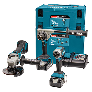 Makita LXT set - akumulatorska bušilica-odvijač DDF486Z + akumulatorski udarni odvijač DTD153Z + akumulatorska ugaona brusilica DGA504Z + punjač + 2 baterije + 2 Makpac DLX3155TJ