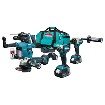 Makita LXT set - akumulatorska bušilica-odvijač DDF486Z + aku. udarni odvijač DTD153Z + aku. ugaona brusilica DGA504Z + aku. bušilica-čekić DHR243Z + punjač + 2 baterije + torba DLX4155TX1