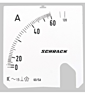 Zamenljiva skala ampermetra 60/120/5A AC,96x96
Izvedba/tip Prednja tabla, Merno područje 60A, za Ampermetar (5A-strujni mjerni trafo)