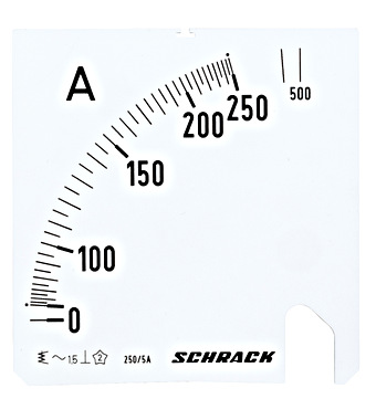 Zamenljiva skala ampermetra 250/500/5A AC,96x96
Izvedba/tip Prednja tabla, Merno područje 250A, za Ampermetar (5A-strujni mjerni trafo)