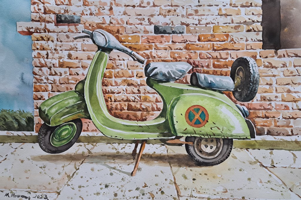 Vespa II, Momo Macanović, akvarel, 38×56 cm, sertifikat, 2023. , 200 eura