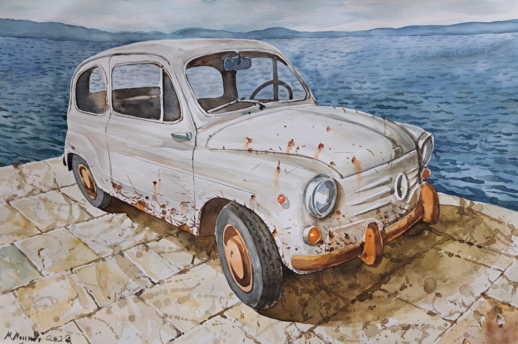 Stari fića II, Momo Macanović, akvarel, 38×56 cm, sertifikat, 2023. , 200 eura