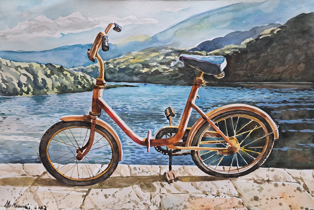 Bicikl II, Momo Macanović, akvarel, 38×56 cm, sertifikat, 2023. , 23600 dinara