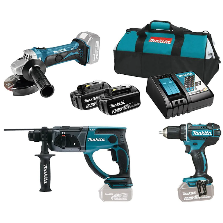 Makita Set alata Aku. bušilica-čekić DHR202Z+ Aku. bušilica – odvijač DDF482Z + Aku. ugaona brusilica DGA452Z+BL1830B+BL1850B+DC18RC+TORBA 831271-6, SET1