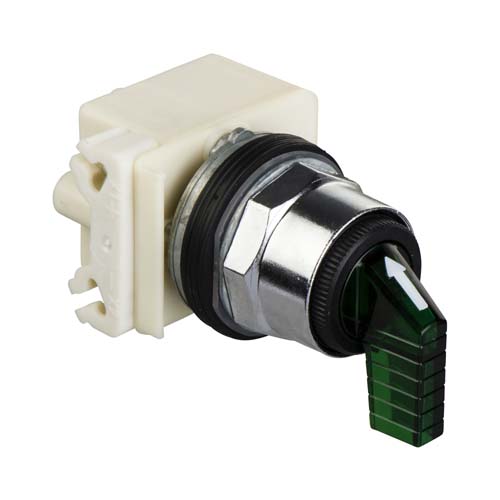 SE Illuminated selector switch head Harmony 9001K metal long handle green 30mm 2 positions stay put LED green 24-28V