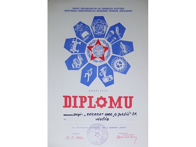 Diploma Za Takmičenje U Odbrani I Zaštiti Jugoslavija