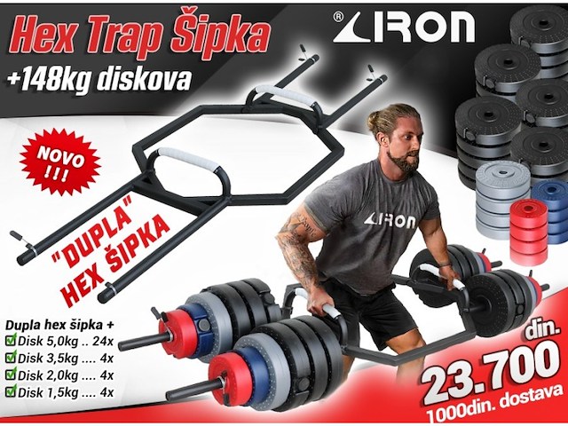 Dupla hex trap šipka / Hex trap bar + tegovi 148kg