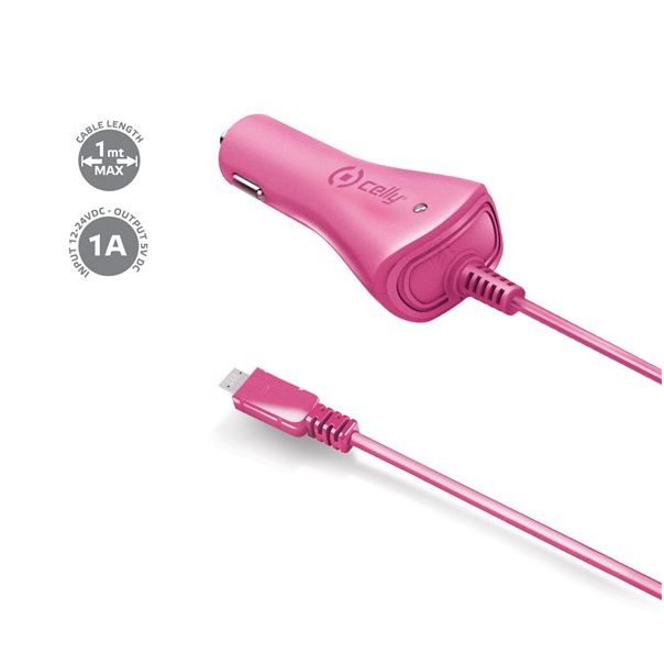 CELLY Auto punjač sa MICROUSB kablom, pink