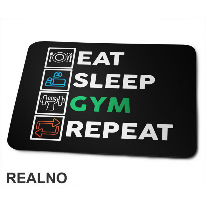 EAT, SLEEP, GYM, REPEAT - GREEN, ORANGE AND BLUE SYMBOLS - TRENING - PODLOGA ZA MIŠ