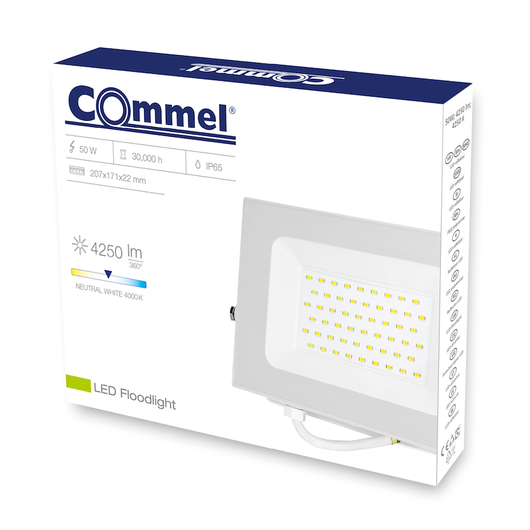 Commel LED Reflektor 50 W, 4000 K, 4250 lm, IP65, Beli – C 306-159