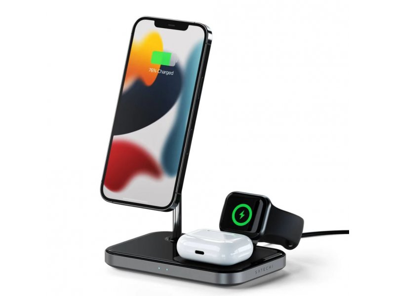 SATECHI Aluminium 3-In-1 Magnetic Wireless Charging Stand (IPhone 12/13, Apple Watch, AirPods Pro, USB-C Cable Included) – Black