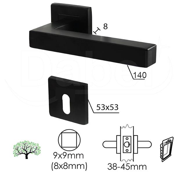 Kvaka rozeta za vrata OHRID Crna 53×53/8/140/8/9mm .Klj DBP3