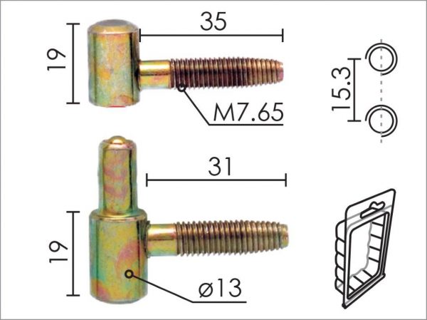 Šarka uvrtna za vrata SP030 ZnŽ fi13x38/35/31mm 40kg DP1
