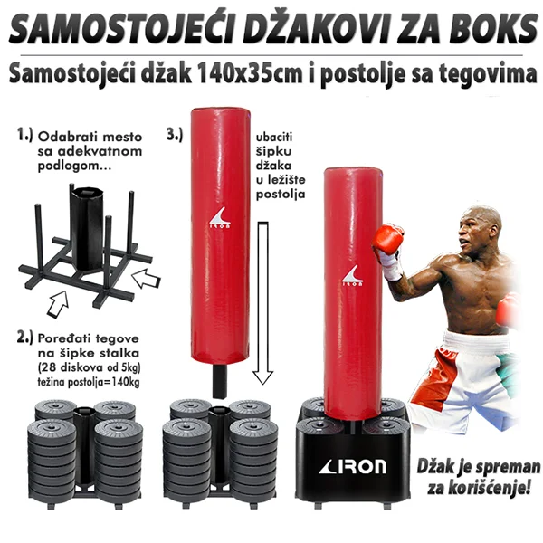 Samostojeći džak za boks (140 x 35cm) sa stalkom za tegove (za 140kg diskova)