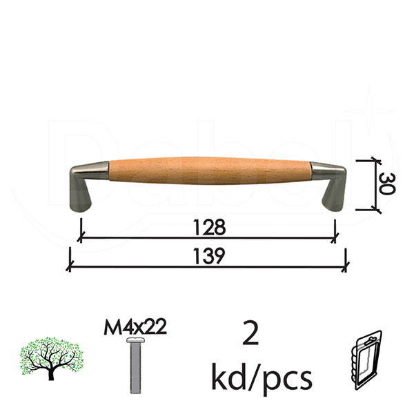 Ručica za nameštaj C190 Mat-Ni/Buk x128/139/30mm (2kom) M4x22mm DBP2