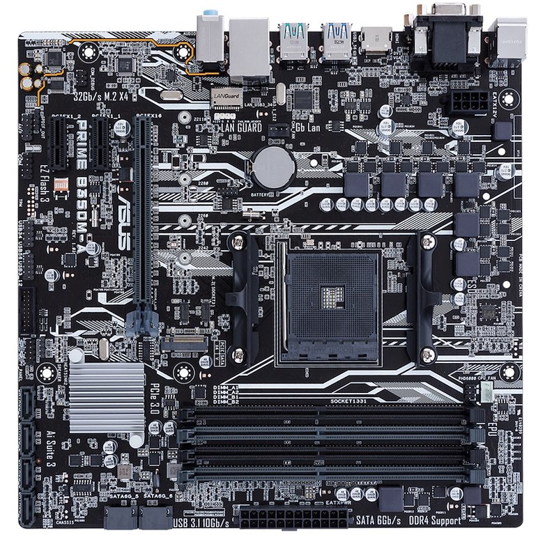 Matična ploča ASUS AMD / Socket AM4 / čipset B350 / memorija 4 x DDR4 / video izlaz VGA DVI HDMI 1.4 / skladištenje podataka M.2 Socket 3 i 6 x SATA / eksterni port 6 x USB 3.1 / interni port 2 x ...