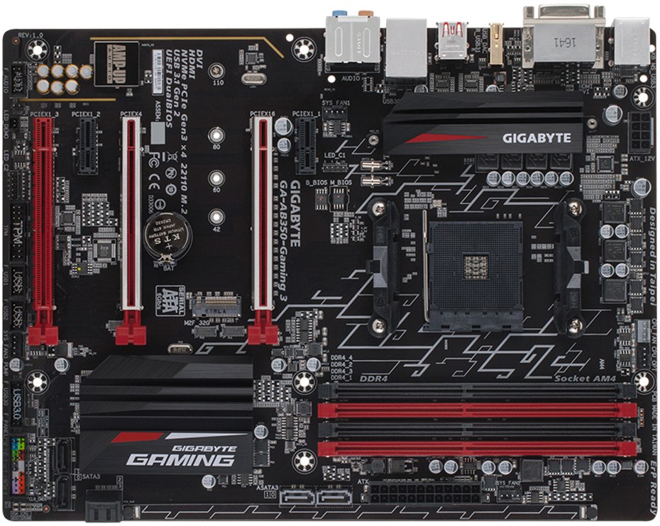 Matična ploča GIGABYTE AMD / Socket AM4 / čipset B350 / memorija 4 x DDR4 / video izlaz DVI HDMI 1.4 / skladištenje podataka M.2 Socket 3 i 6 x SATA / eksterni port 6 x USB 3.1 / eksterni port USB...