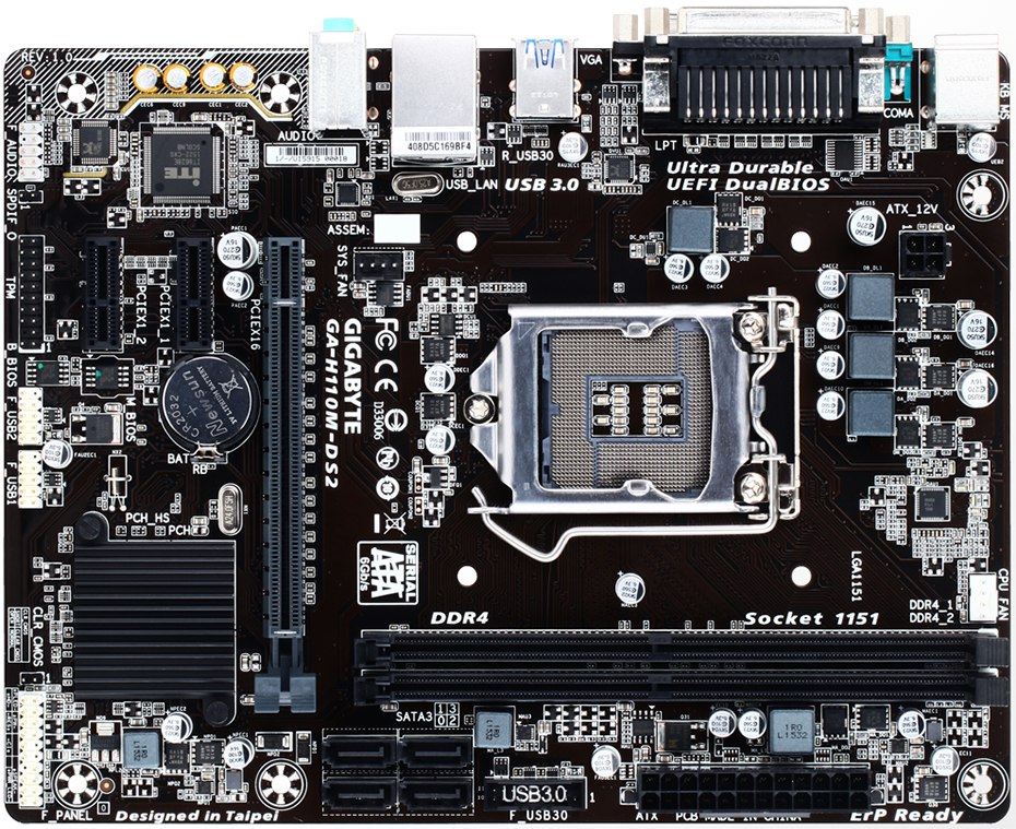 Matična ploča GIGABYTE INTEL / Socket 1151 / čipset H110 / memorija 2 x DDR4 / video izlaz VGA / skladištenje podataka 4 x SATA / eksterni port 2 x USB 3.0 / eksterni port 2 x USB 2.0 / interni po...