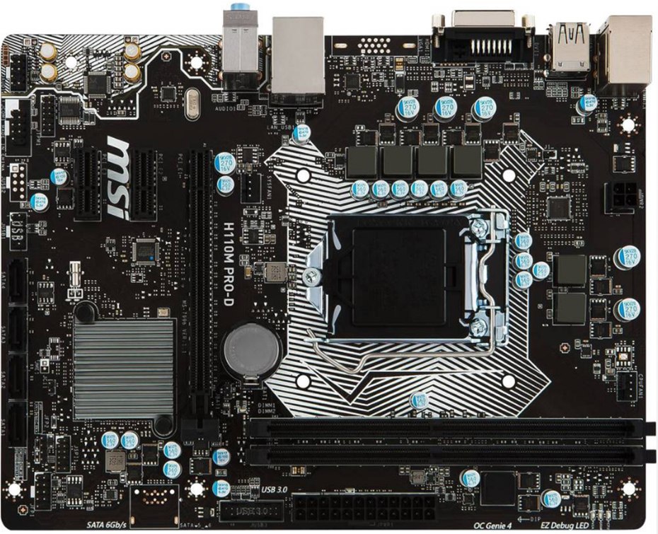 Matična ploča MSI INTEL / Socket 1151 / čipset H110 / memorija 2 x DDR4 / video izlaz DVI / skladištenje podataka 4 x SATA / eksterni port 2 x USB 3.1 / eksterni port 4 x USB 2.0 / interni port 2 ...