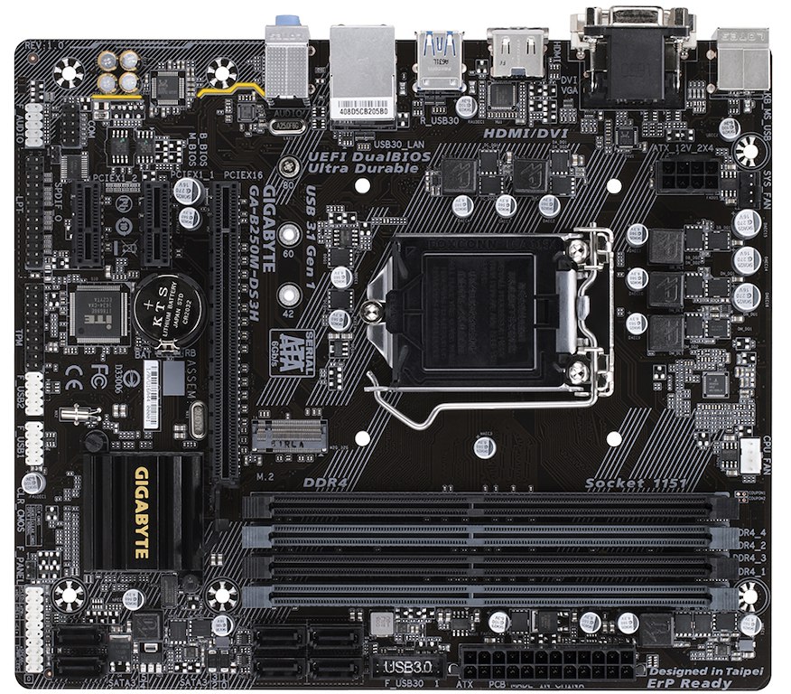 Matična ploča GIGABYTE INTEL / Socket 1151 / čipset B250 / memorija 4 x DDR4 / video izlaz VGA DVI HDMI 1.4 / skladištenje podataka M.2 Socket 3 konektor i 6 x SATA / eksterni port 4 x USB 3.1 / e...