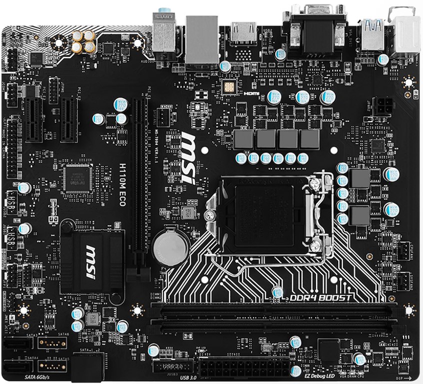 Matična ploča MSI INTEL / Socket 1151 / čipset H110 / memorija 2 x DDR4 / video izlaz VGA DVI HDMI 1.4 / skladištenje podataka 4 x SATA / eksterni port 2 x USB 3.1 / eksterni port 2 x USB 2.0 / in...