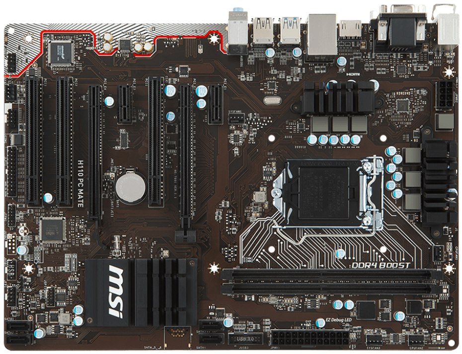 Matična ploča MSI INTEL / Socket 1151 / čipset H110 / memorija 2 x DDR4 / video izlaz VGA DVI HDMI 1.4 / skladištenje podataka 4 x SATA / eksterni port 2 x USB 3.1 / eksterni port 4 x USB 2.0 / in...