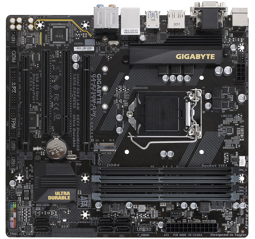 Matična ploča GIGABYTE INTEL / Socket 1151 / čipset B250 / memorija 4 x DDR4 / video izlaz VGA DVI HDMI 1.4 DisplayPort / skladištenje podataka M.2 Socket 3 konektor i 7 x SATA / eksterni port 4 x...