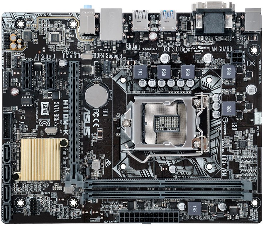 Matična ploča ASUS INTEL / Socket 1151 / čipset H110 / memorija 2 x DDR4 / video izlaz VGA DVI / skladištenje podataka 4 x SATA / eksterni port 2 x USB 3.1 / eksterni port 4 x USB 2.0 / interni po...