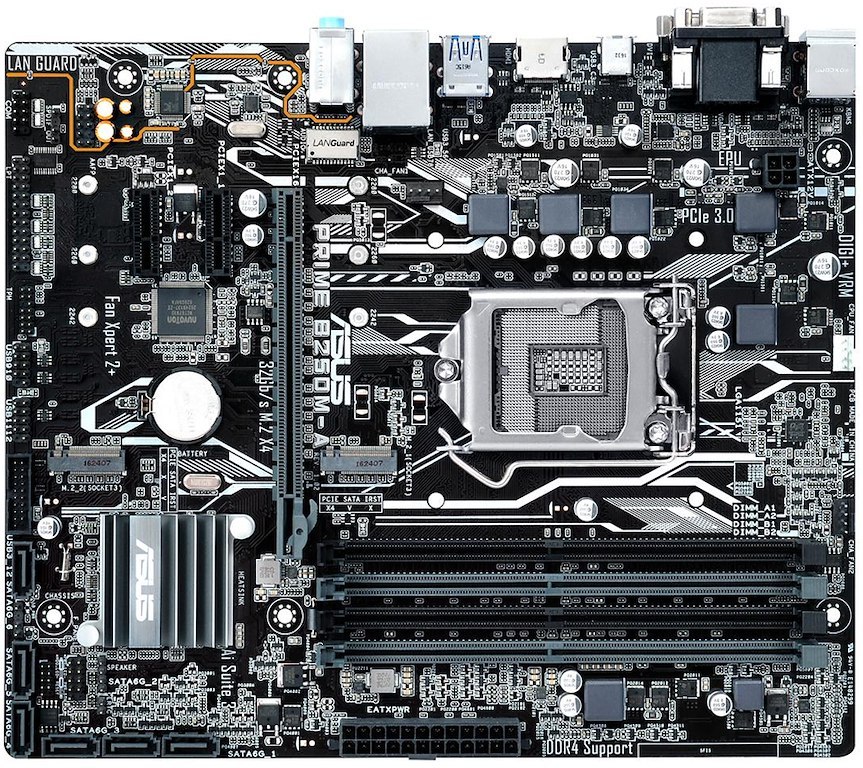 Matična ploča ASUS INTEL / Socket 1151 / čipset B250 / memorija 4 x DDR4 / video izlaz VGA DVI HDMI 1.4 / skladištenje podataka 2 x M.2 Socket 3 konektor i 6 x SATA / eksterni port 2 x USB 3.1 / e...