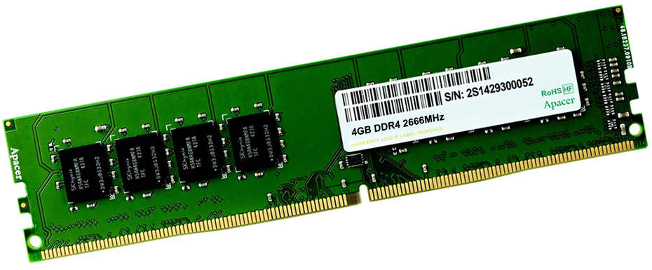 RAM Memorija za kompjuter APACER / kapacitet 4GB / frekvencija 2666MHz / standard DDR4 / tip DIMM / latencija CL19 / napon 1.2V / slot 288-pinova / model EL.04G2V.KNH