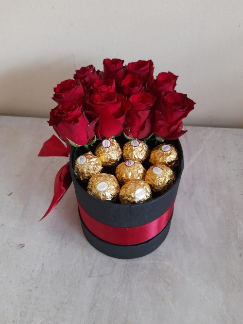 Crvene ruže sa Ferrero bombonama, ranžman br. 266