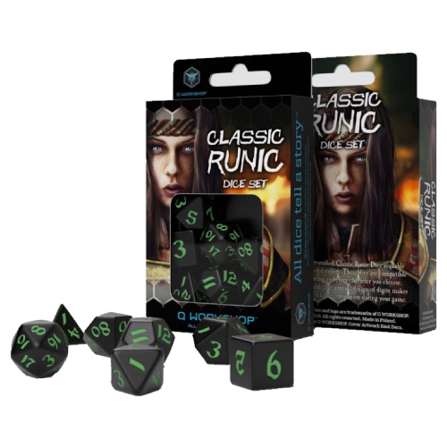 CLASSIC RUNIC BLACK AND GREEN DICE SET