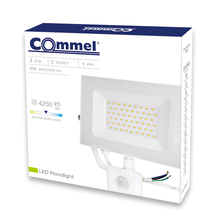 Commel LED Reflektor 50 W Sa Detektorom Pokreta, 4000 K, 4250 lm, Beli – C 307-159