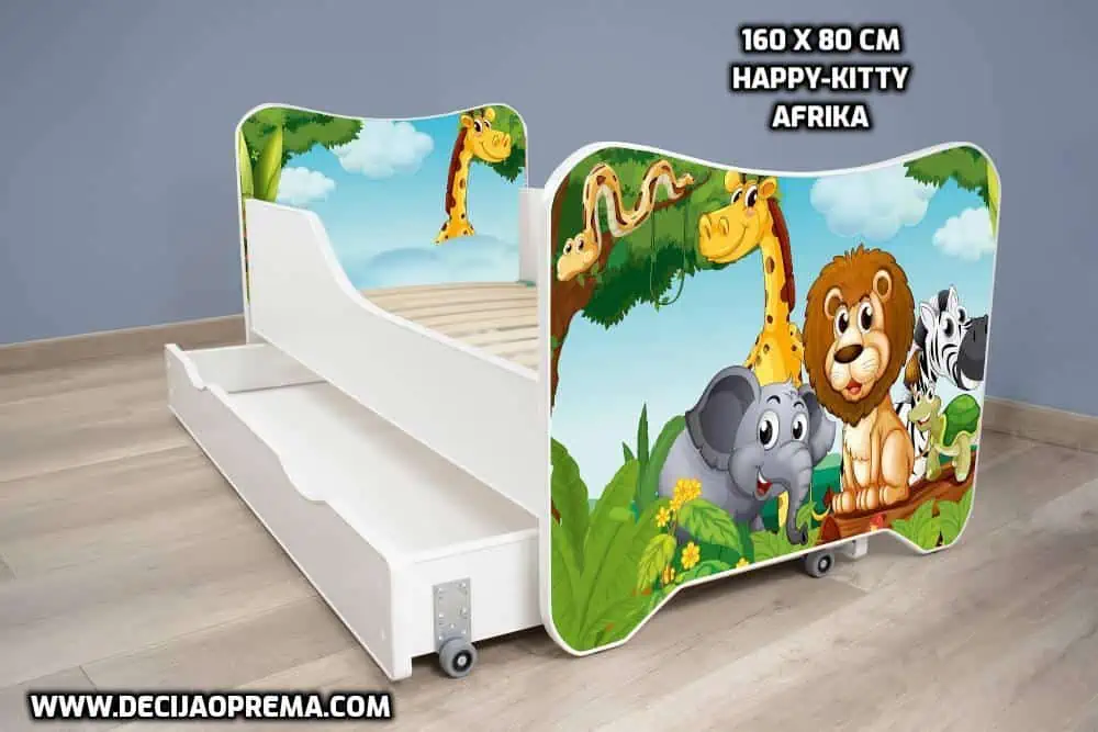 Dečiji krevet 160x80cm sa dušekom i fiokom Happy Kitty Africa
