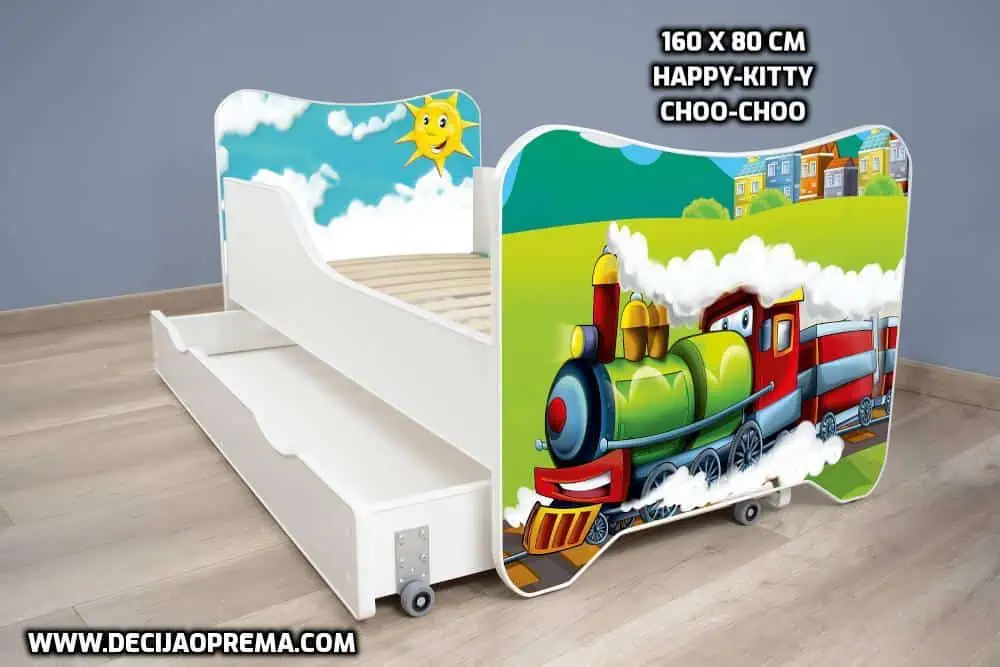 Dečiji krevet 160x80cm sa dušekom i fiokom Happy Kitty Choo Choo