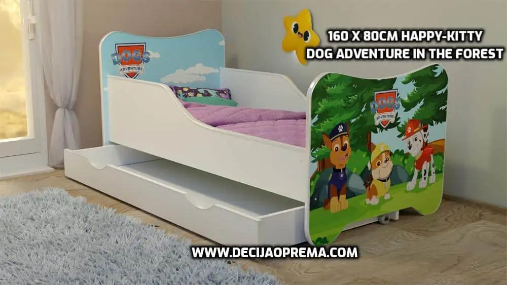 Dečiji krevet 160x80cm sa dušekom i fiokom Happy Kitty Dog Adventure in the Forest