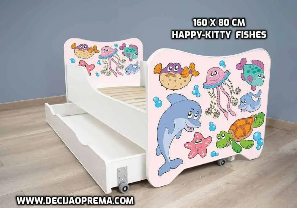 Dečiji krevet 160x80cm sa dušekom i fiokom Happy Kitty Fishes