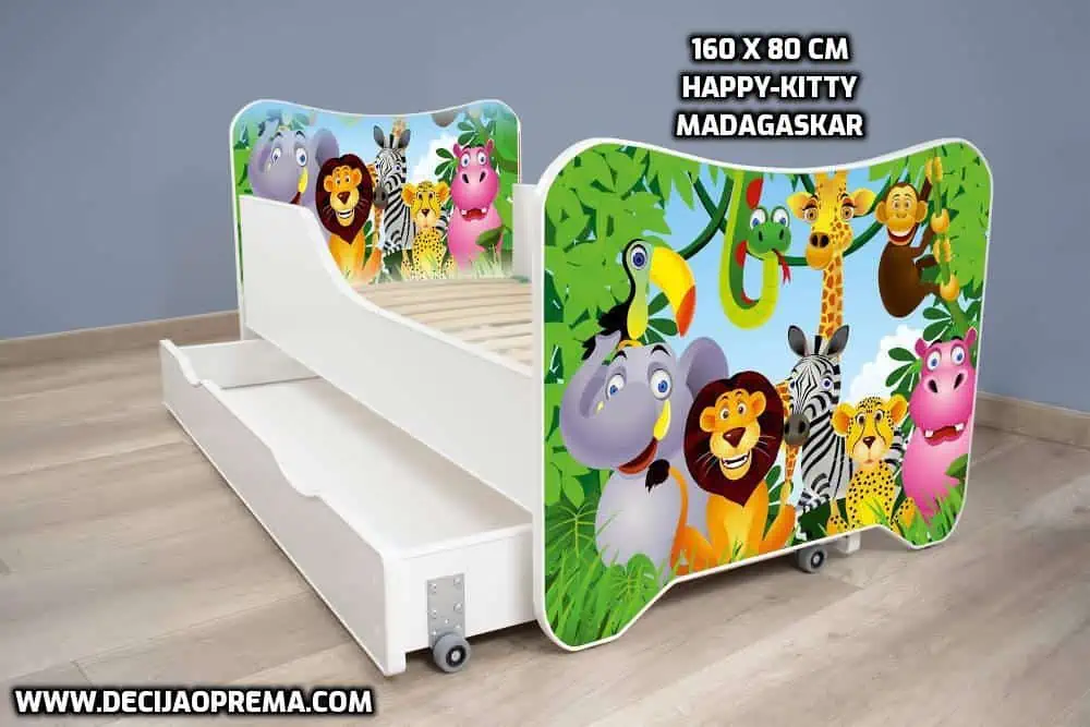 Dečiji krevet 160x80cm sa dušekom i fiokom Happy Kitty Madagaskar
