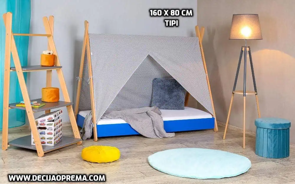 Dečiji krevet 160x80cm sa dušekom i nadstrešnicom Tipi Blue