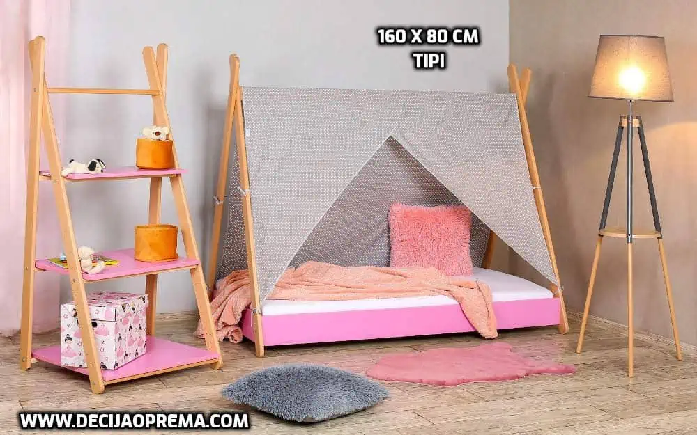 Dečiji krevet 160x80cm sa dušekom i nadstrešnicom Tipi Pink