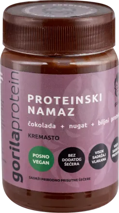 gorilaprotein
PROTEINSKI NAMAZ - čokolada+nugat+biljni proteini, 375 g