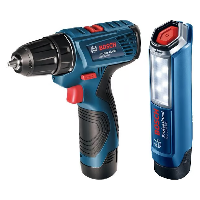 Bosch Akumulatorska bušilica – odvrtač, GSR 120-Li + lampa GLI 12V-300, 2×2,0 Ah, 06019G8004