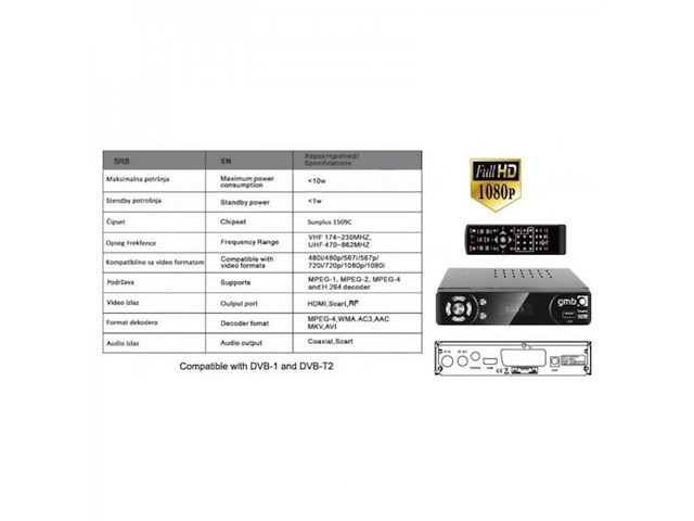 GMB-T2-404 **DVB-T2 SET TOP BOX USB/HDMI/Scart/RF-out, PVR, Full HD, H264,hdmi-kabl,RF modulator1475